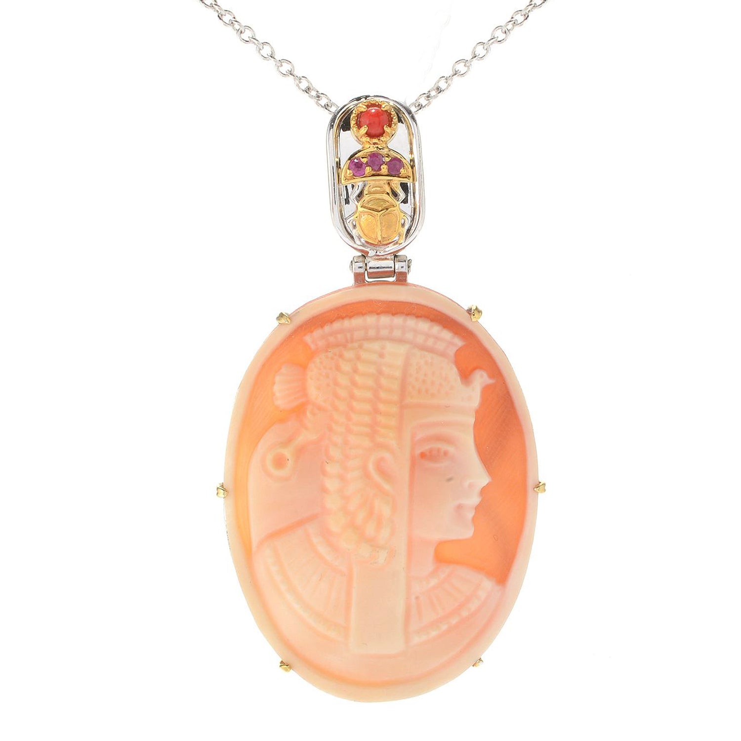 Gems en Vogue Egyptian Cleopatra Carved Shell Cameo Red Coral & Ruby P