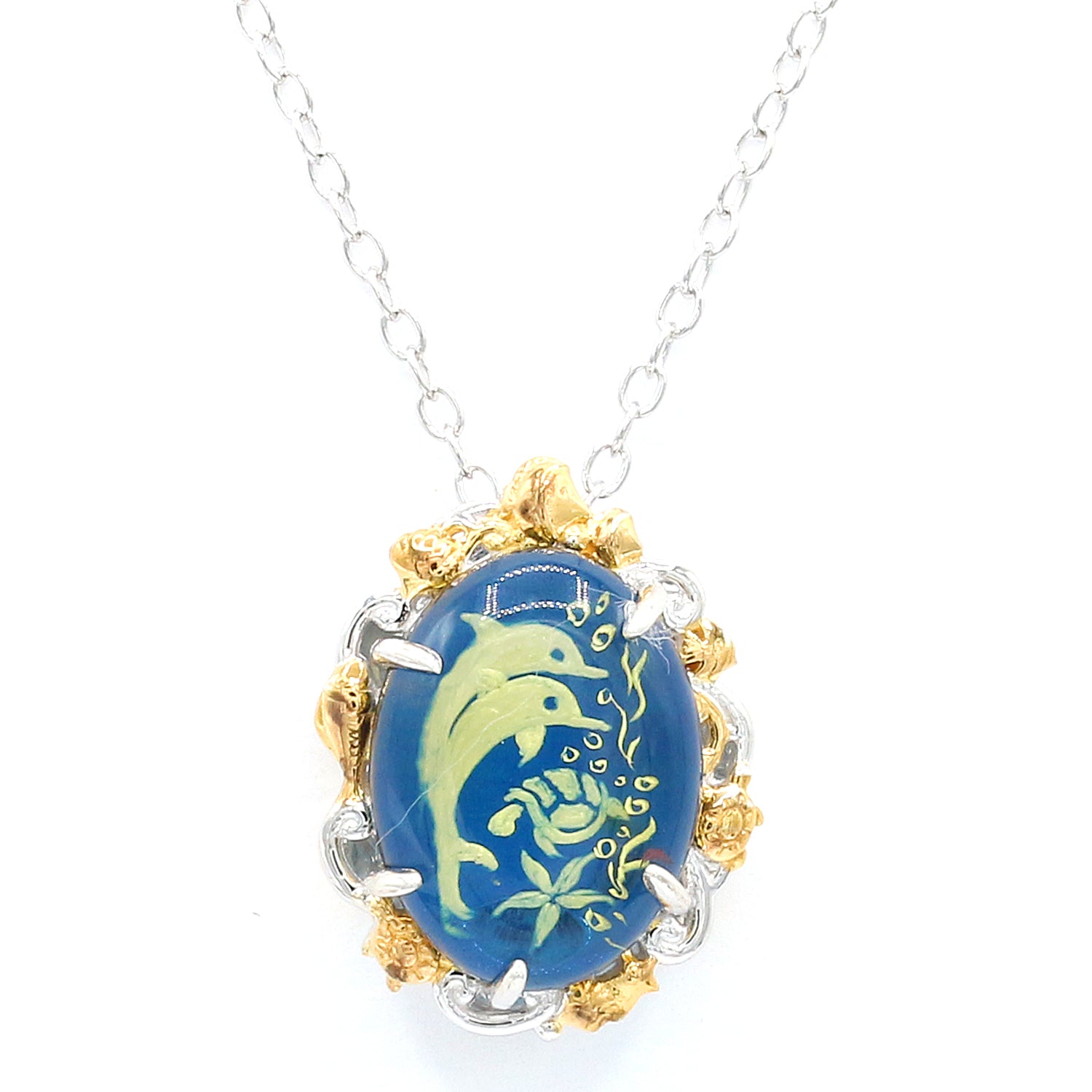 Gems en Vogue Carved Blue Amber Dolphin & Sealife Pendant