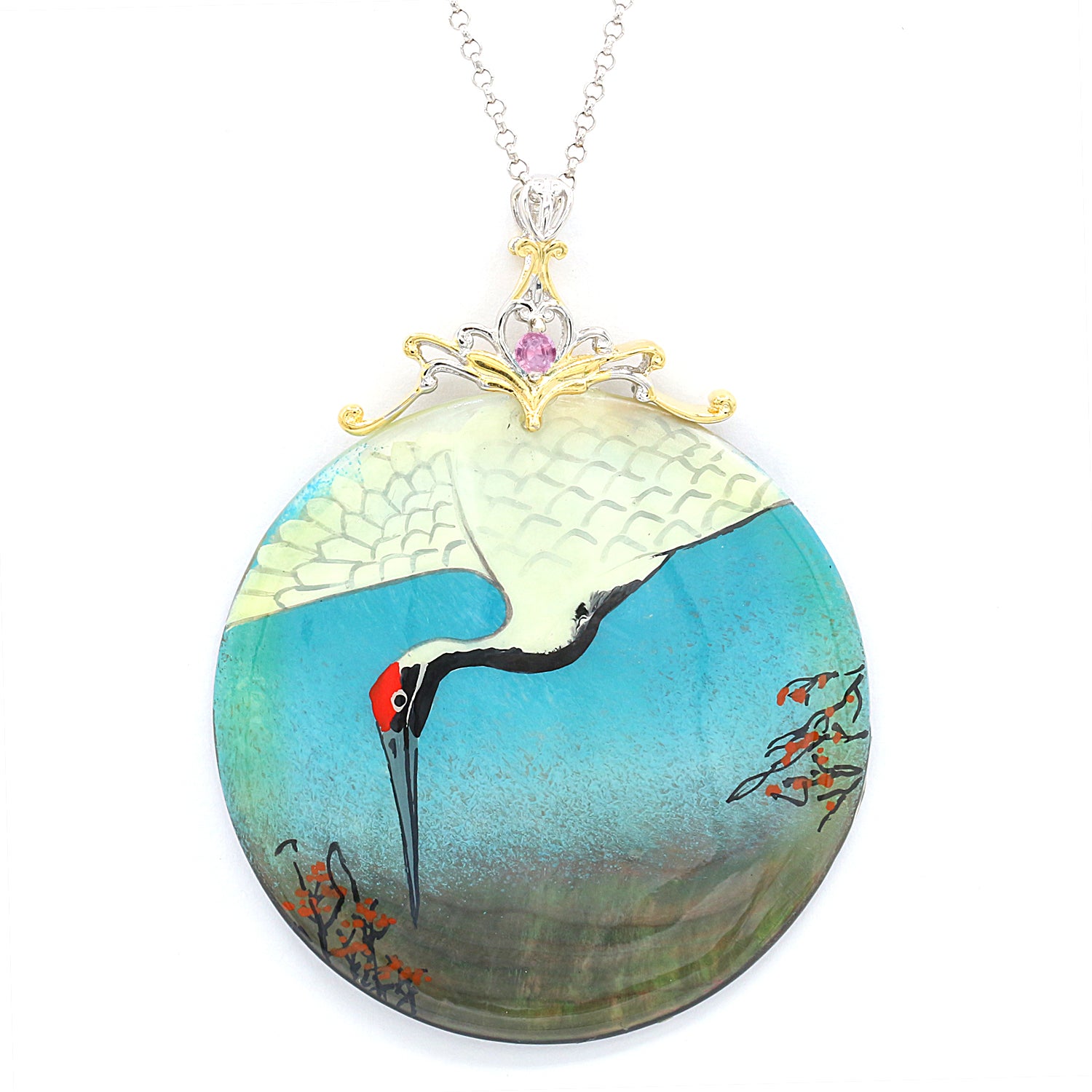 Gems en Vogue Hand Painted Shell & Choice of Gemstone Red Crown Crane