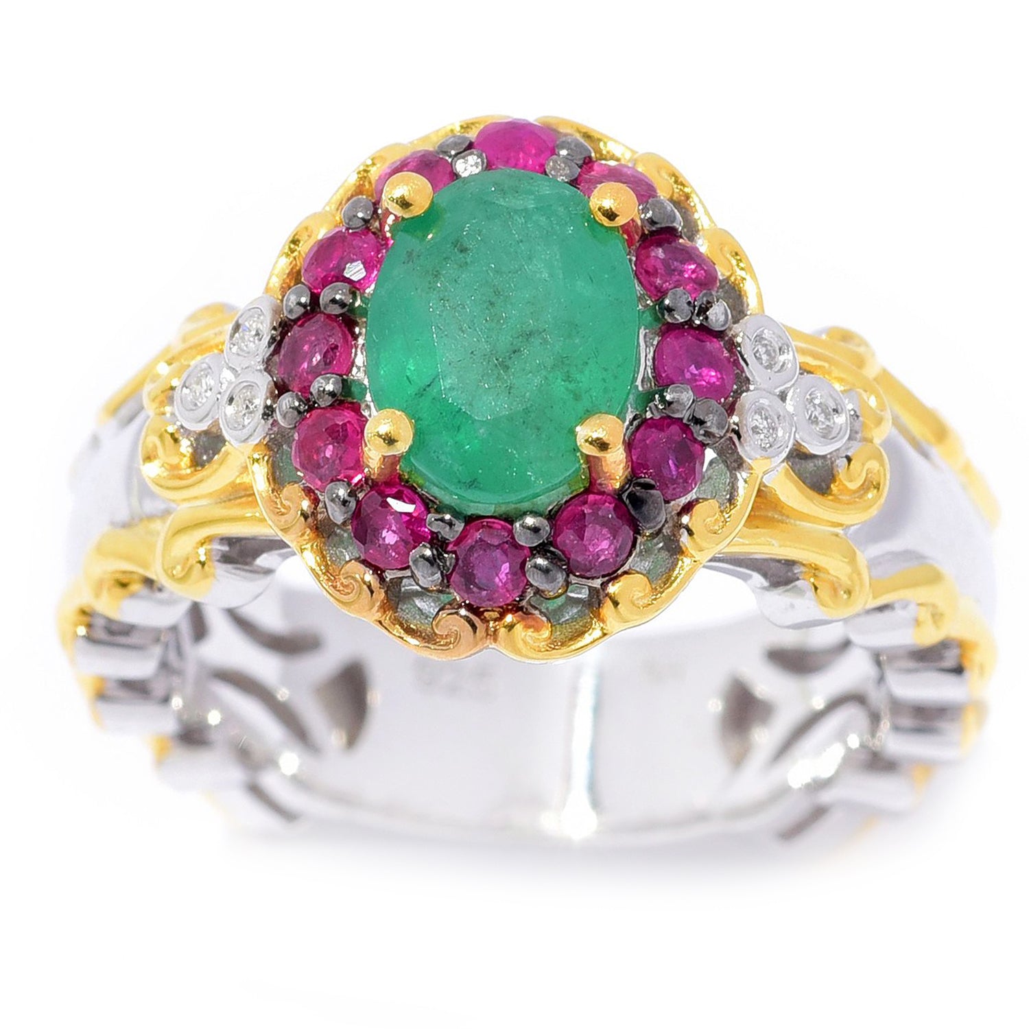 Gems en Vogue 1.72ctw Grizzly Emerald Ruby & Diamond Halo Ring