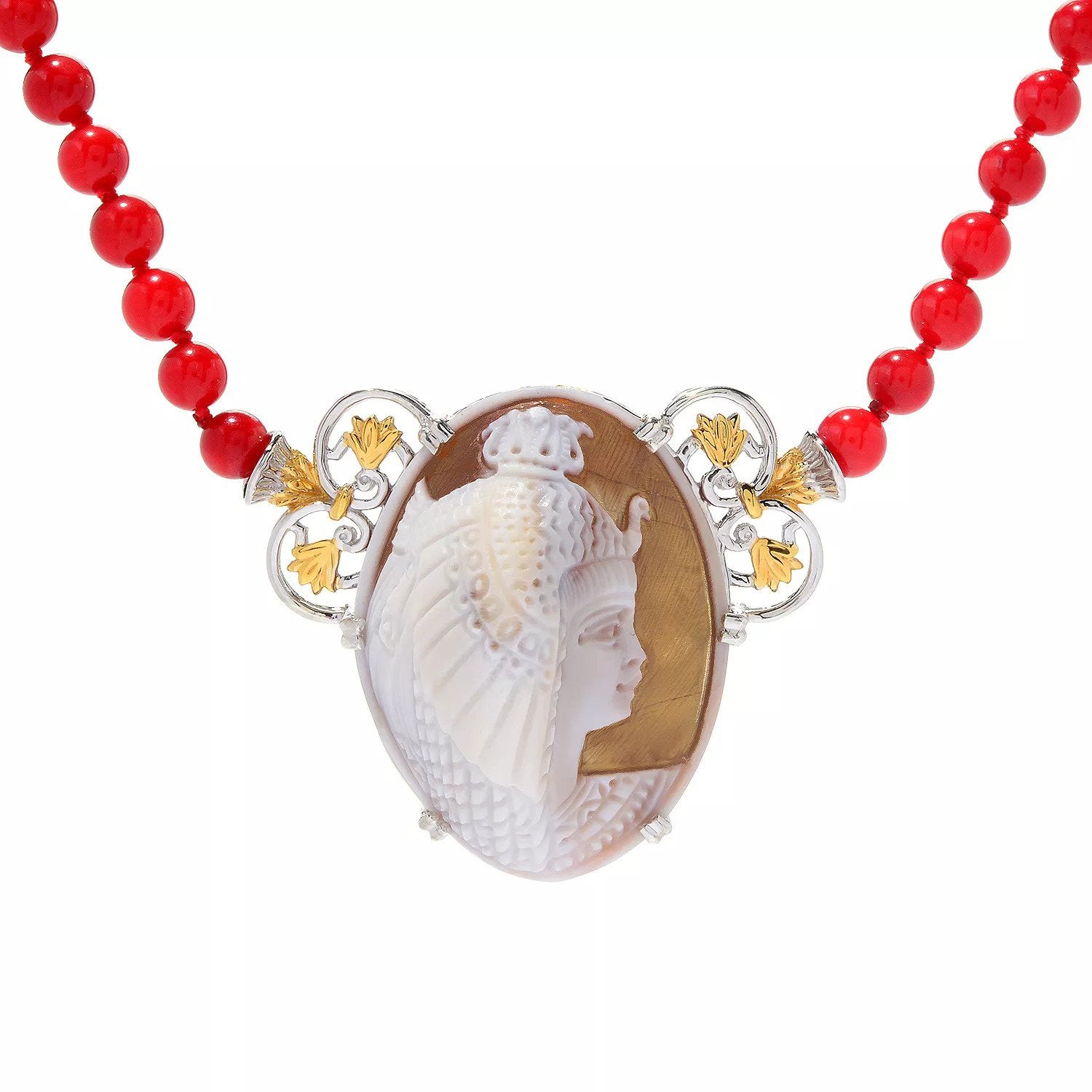 Gems en Vogue Carved Shell Cleopatra Cameo & Red Coral Necklace